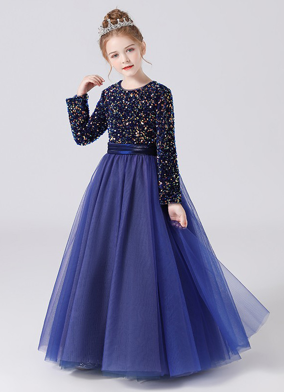 Girls Long Sleeve Sequin Mesh Princess Graduation Party Dress