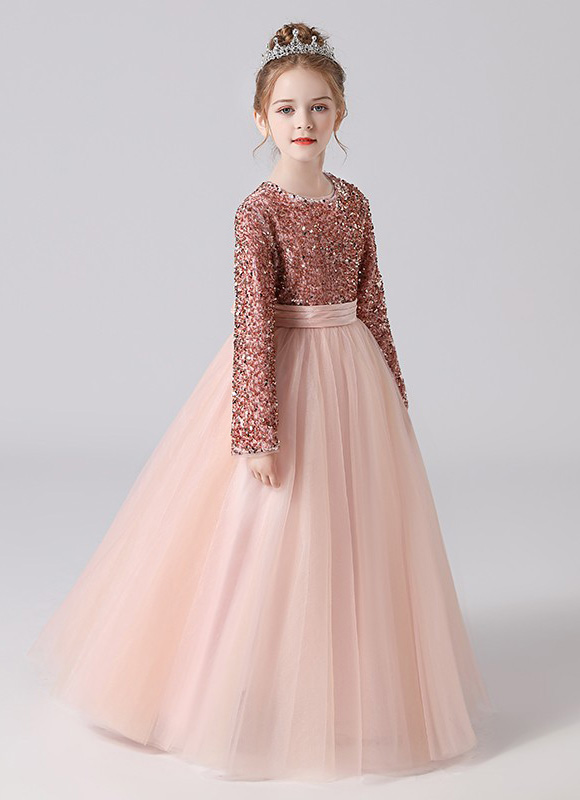 Girls Long Sleeve Sequin Mesh Princess Graduation Party Dress